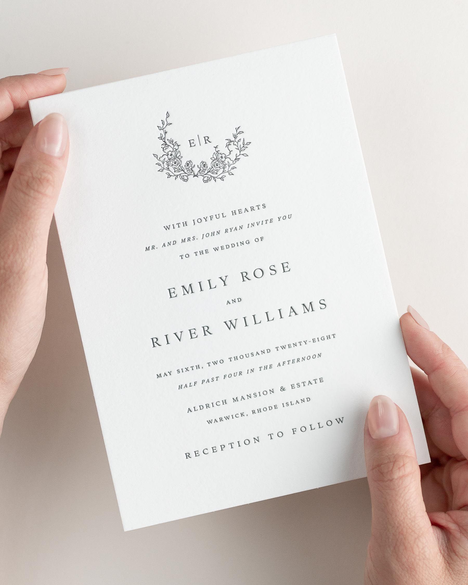 Romantic Letterpress Invitations with Floral Monogram in Slate | Shine ...