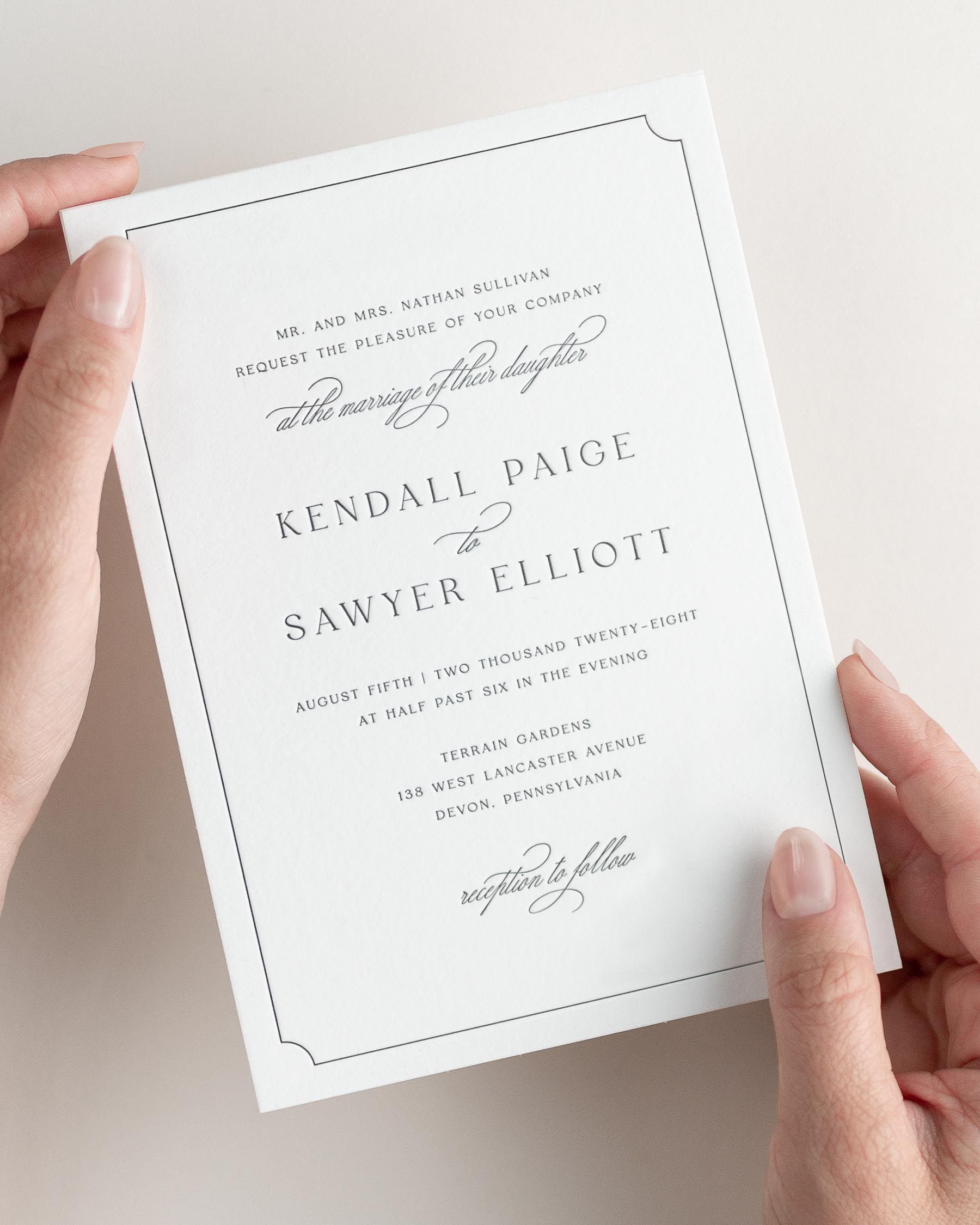 Romantic Letterpress Invitations with Delicate Border in Soft Gray ...
