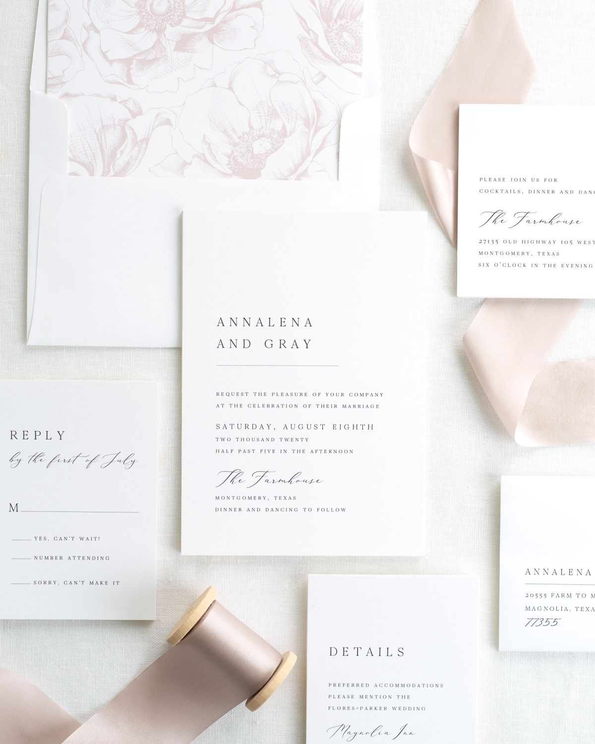 Dusty Pink Ribbon Wedding Invitations | Shine Wedding Invitations
