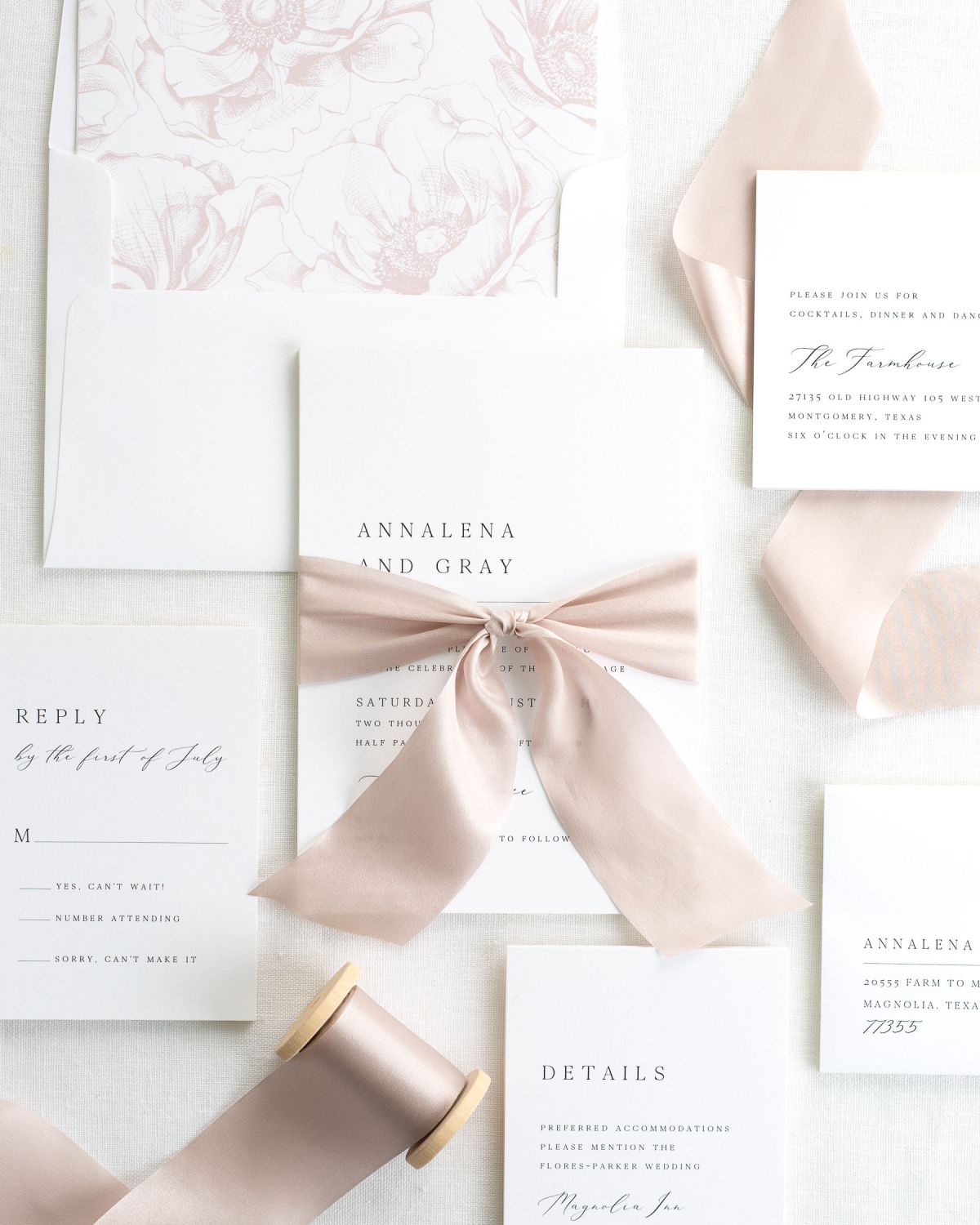 Dusty Pink Ribbon Wedding Invitations | Shine Wedding Invitations