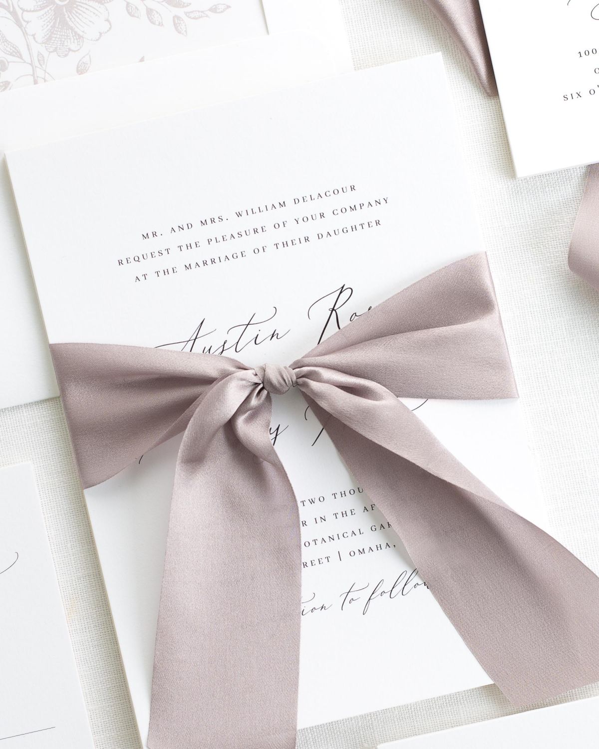 Calligraphy Ribbon Wedding Invitations in Purple | Shine Wedding ...