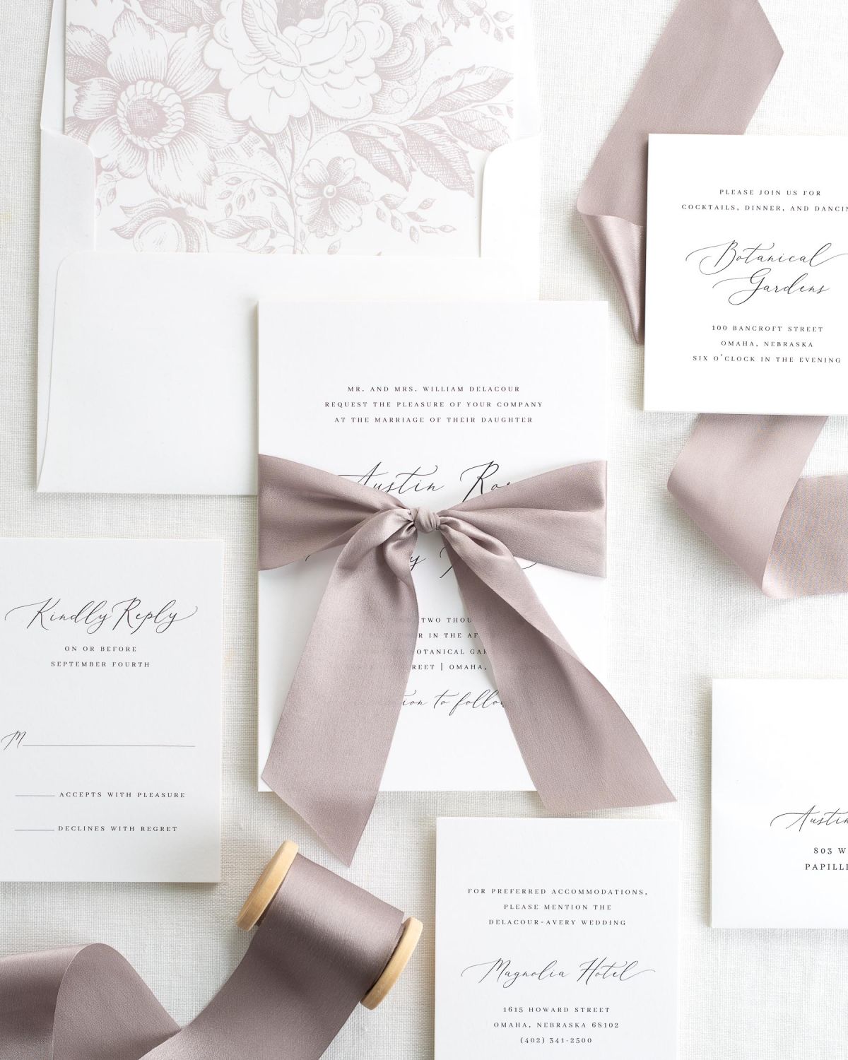Calligraphy Ribbon Wedding Invitations in Purple | Shine Wedding ...