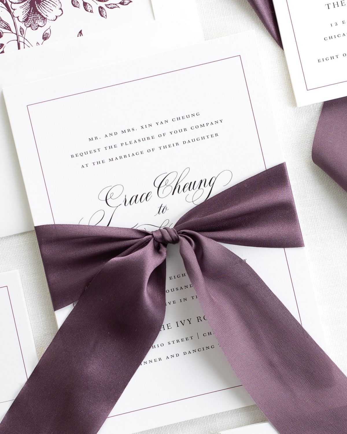 Elegant Dark Purple Ribbon Wedding Invitations | Shine Wedding Invitations