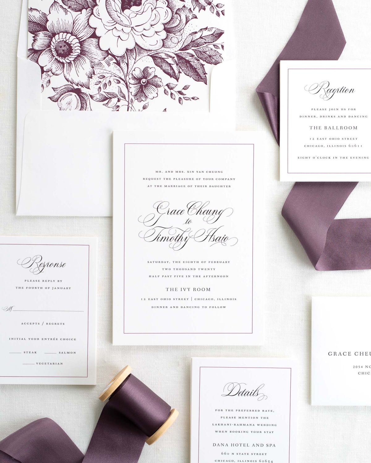 Elegant Dark Purple Ribbon Wedding Invitations | Shine Wedding Invitations