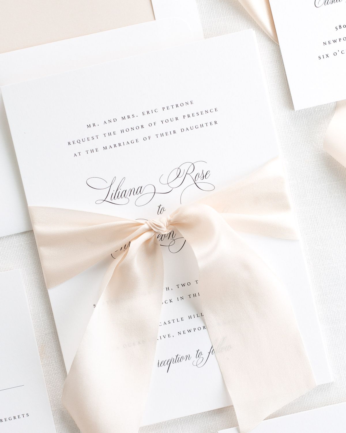 Light and Airy Ribbon Wedding Invitations in Champagne | Shine Wedding ...