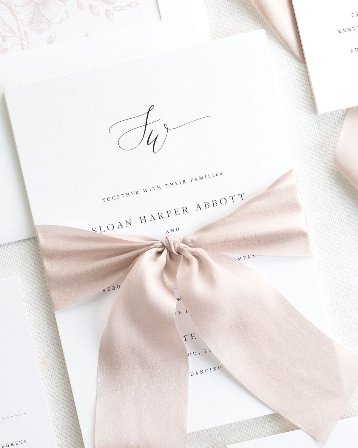 Simple and Romantic Ribbon Wedding Invitations in Dusty Pink | Shine ...