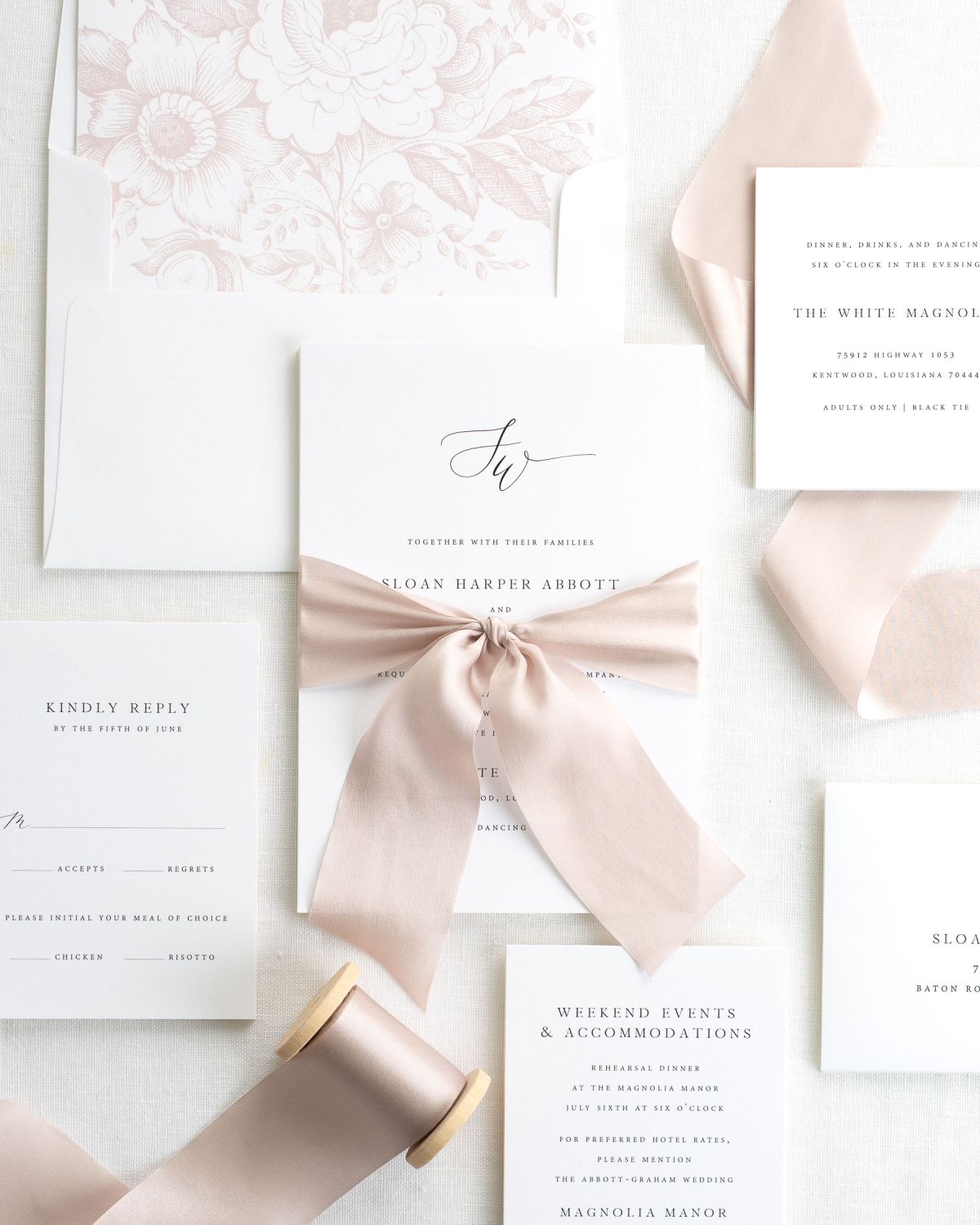 Simple and Romantic Ribbon Wedding Invitations in Dusty Pink | Shine ...