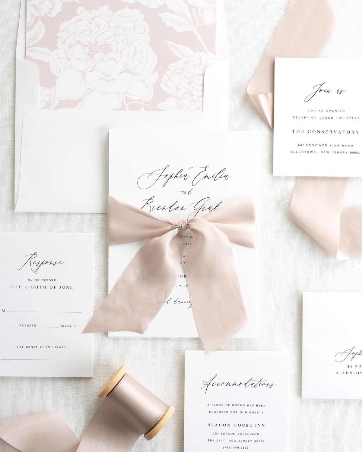 Calligraphy Ribbon Wedding Invitations in Dusty Rose | Shine Wedding ...